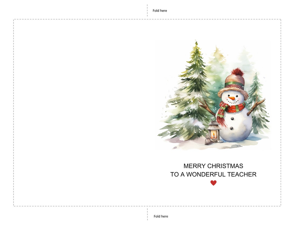 Printable Christmas Card, Merry Christmas, Teacher, Snowman, Wonderful ...