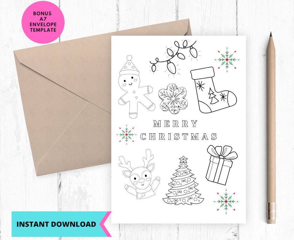 Printable Christmas Card, Coloring Christmas Card for Kids, Instant ...