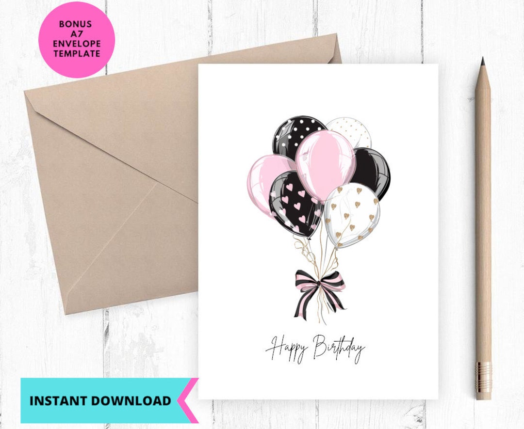 Printable Birthday Card, Pink Balloons Birthday Card, Greeting Card ...
