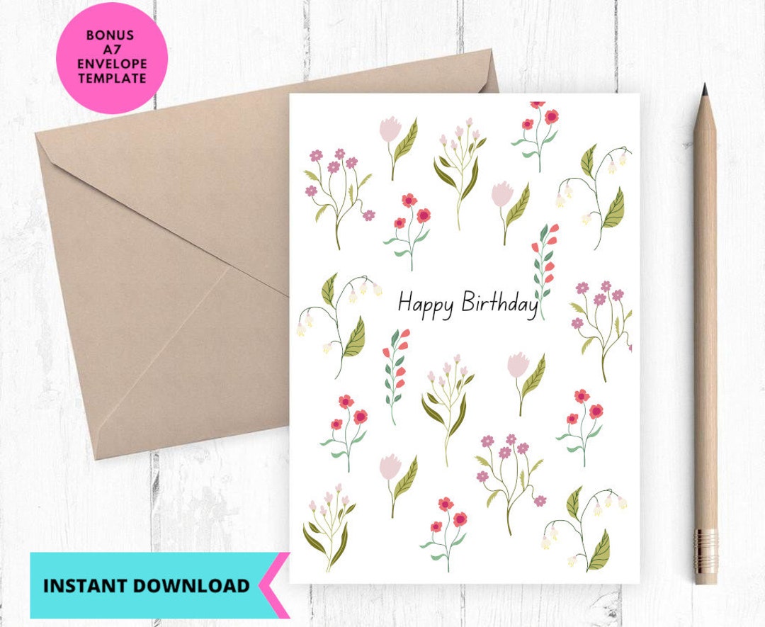 Printable Birthday Card, Floral Happy Birthday Card, Flowers ...