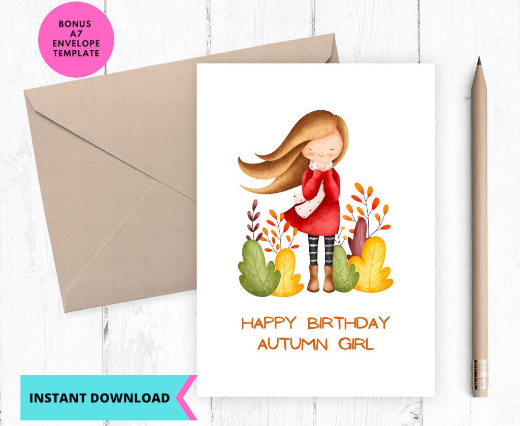 Printable Birthday Card, Autumn Birthday Card, Autumn Girl Birthday ...