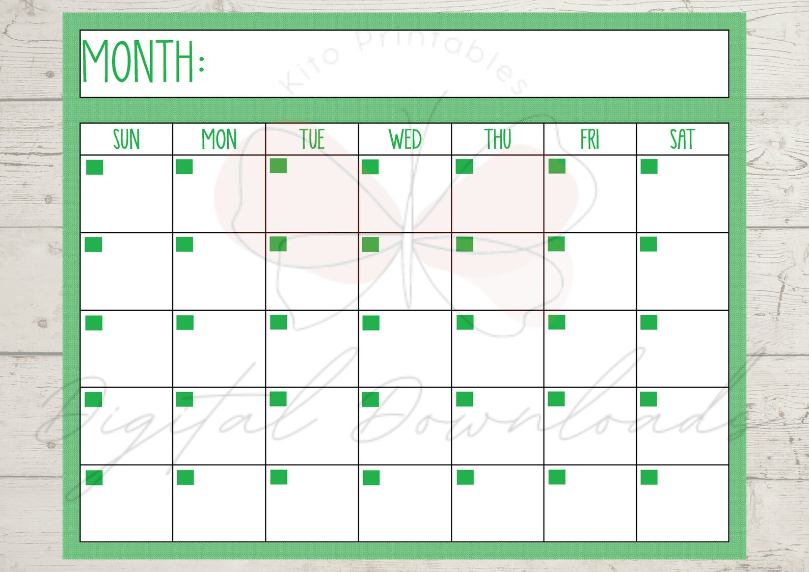 Printable Green Calendar, Printable, Blank Calendar, Digital, Download ...