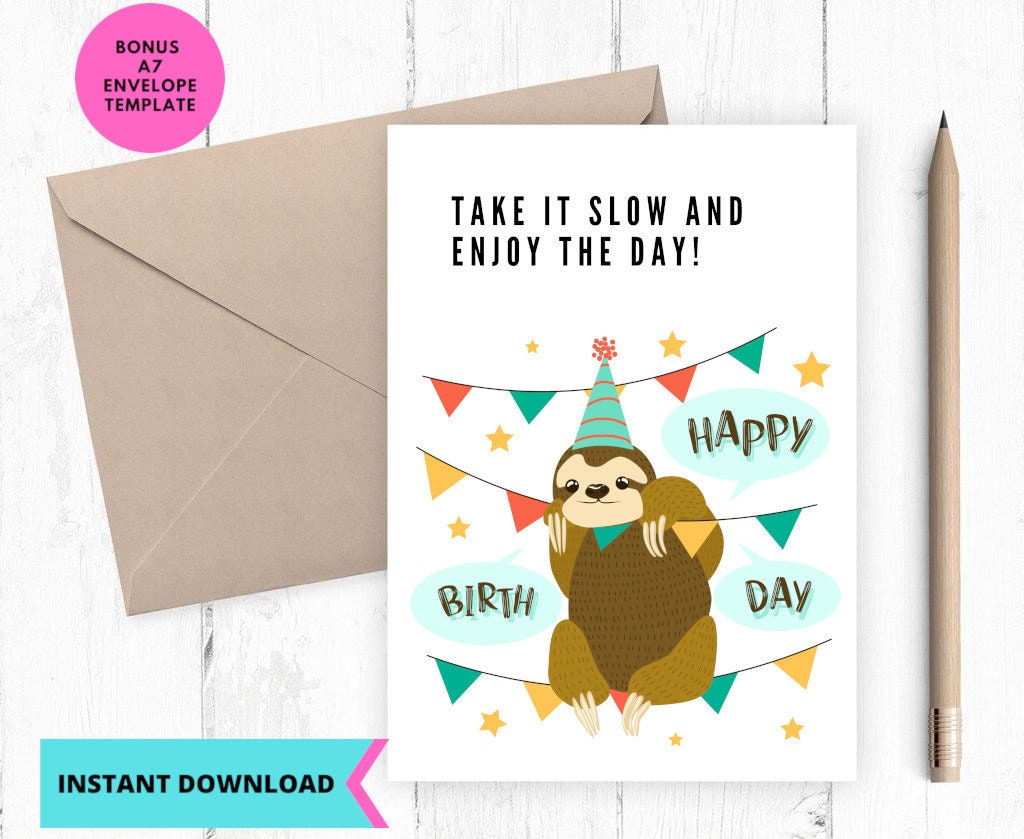 Printable Birthday Card, Cute Sloth Happy Birthday Card, , Greeting ...
