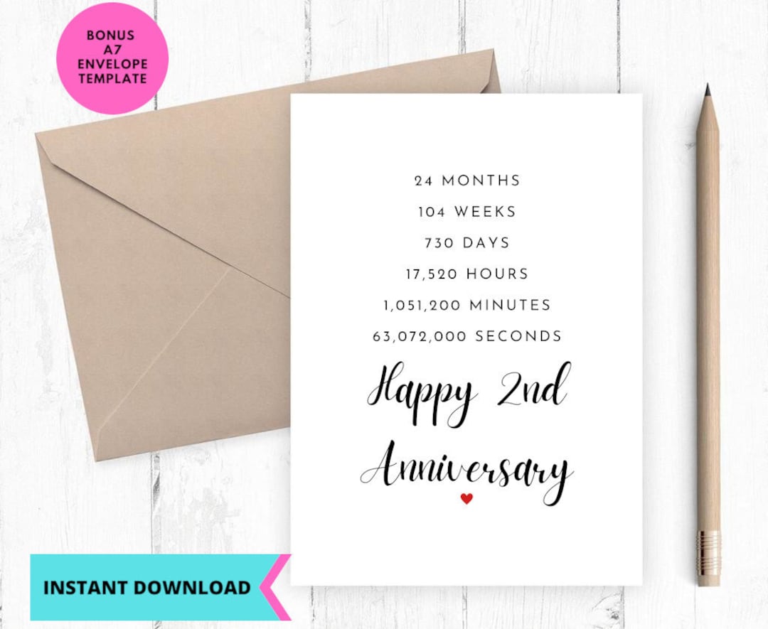 Printable Anniversary Card, Second Anniversary Card, 2nd Anniversary ...