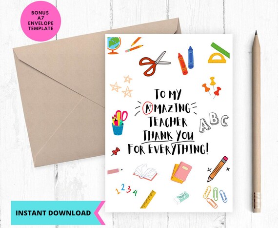 Printable Teacher Card Thank You Teacher Card Fabulous A - Etsy