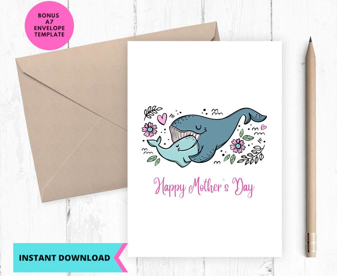 Printable Card, Cute Whale Mom Card, Mothers Day Card, Happy Mothers ...