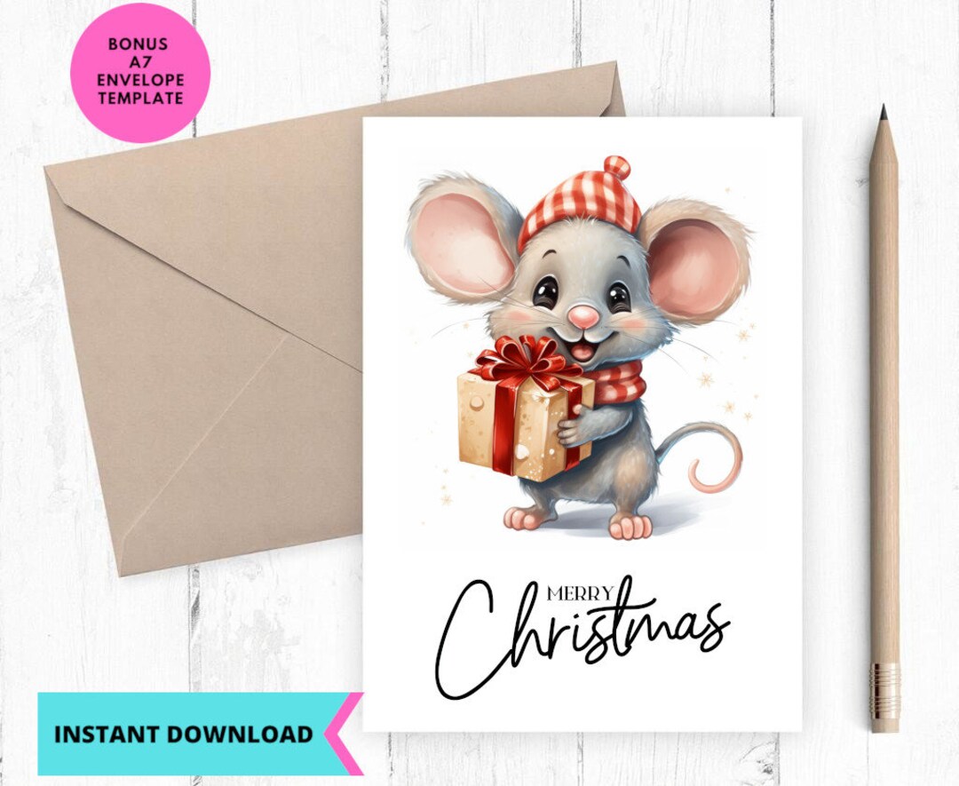 Printable Christmas Card, Merry Christmas, Christmas Mouse, Little ...