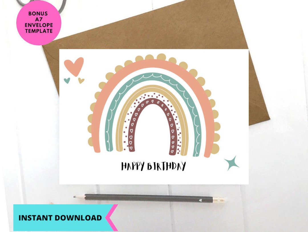 Printable Birthday Card, Rainbow Happy Birthday Card, , Greeting Card ...
