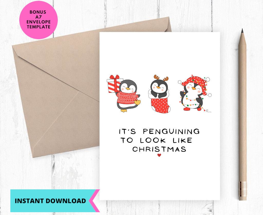 Printable Christmas Card, Penguin Christmas Card, Instant Download ...