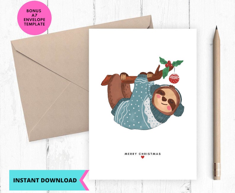 Printable Christmas Card, Sloth Christmas Card, Instant Download ...