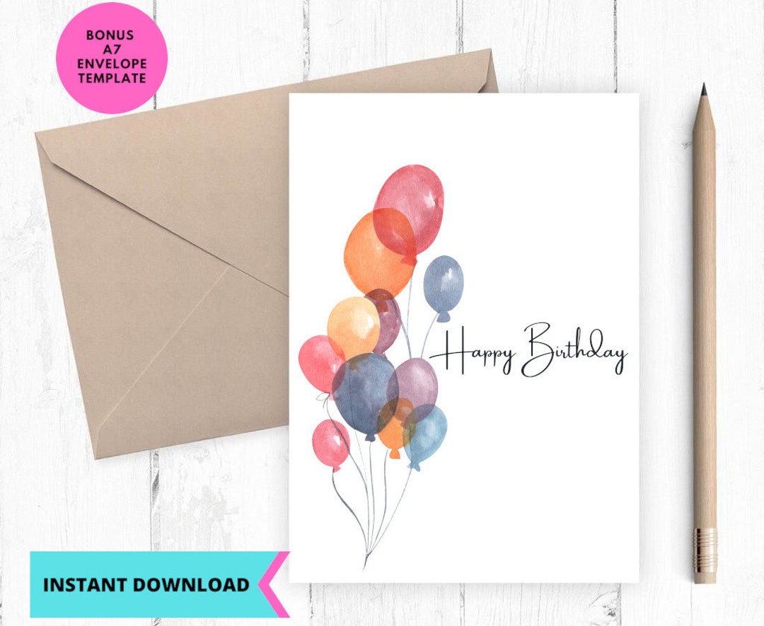Printable Birthday Card, Balloons Happy Birthday Card, Greeting Card ...