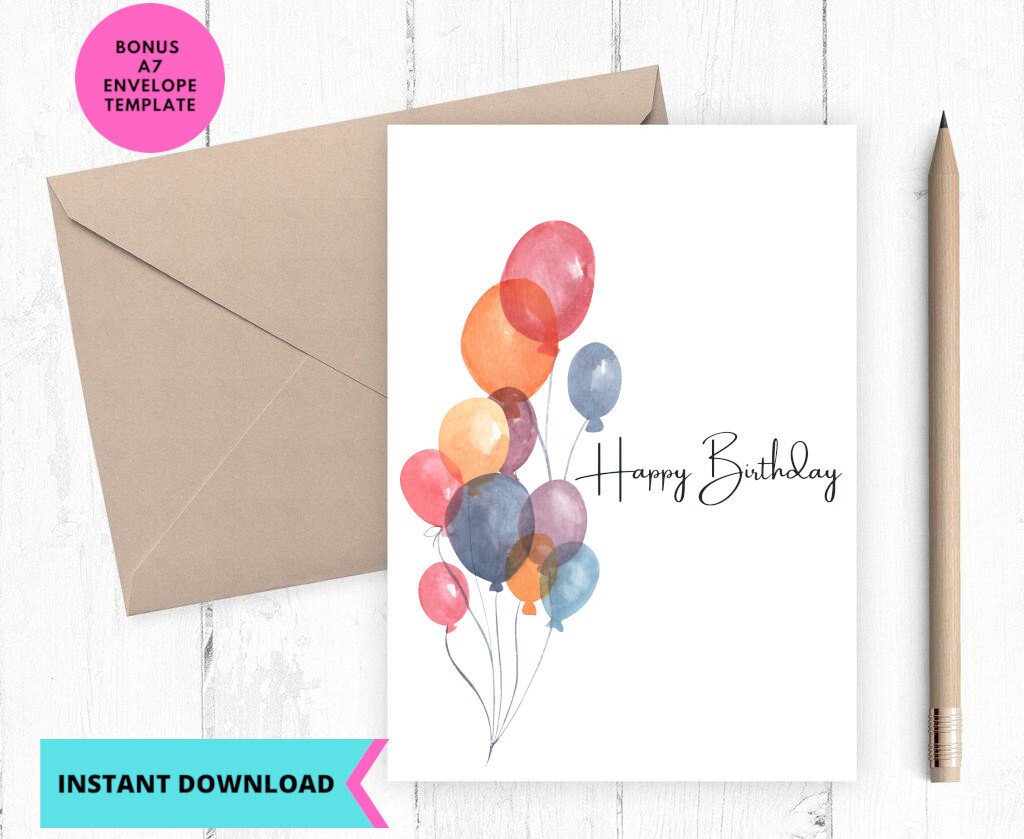 Printable Birthday Card, Balloons Happy Birthday Card, Greeting Card ...