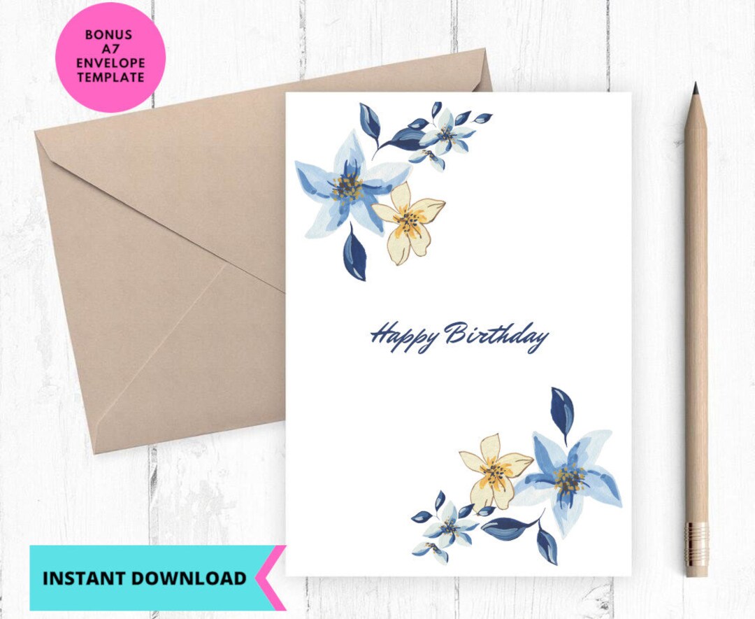 Printable Birthday Card, Blue Flowers Happy Birthday Card, Greeting ...