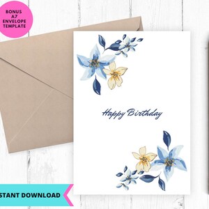 Printable Birthday Card, Blue Flowers Happy Birthday Card, Greeting ...