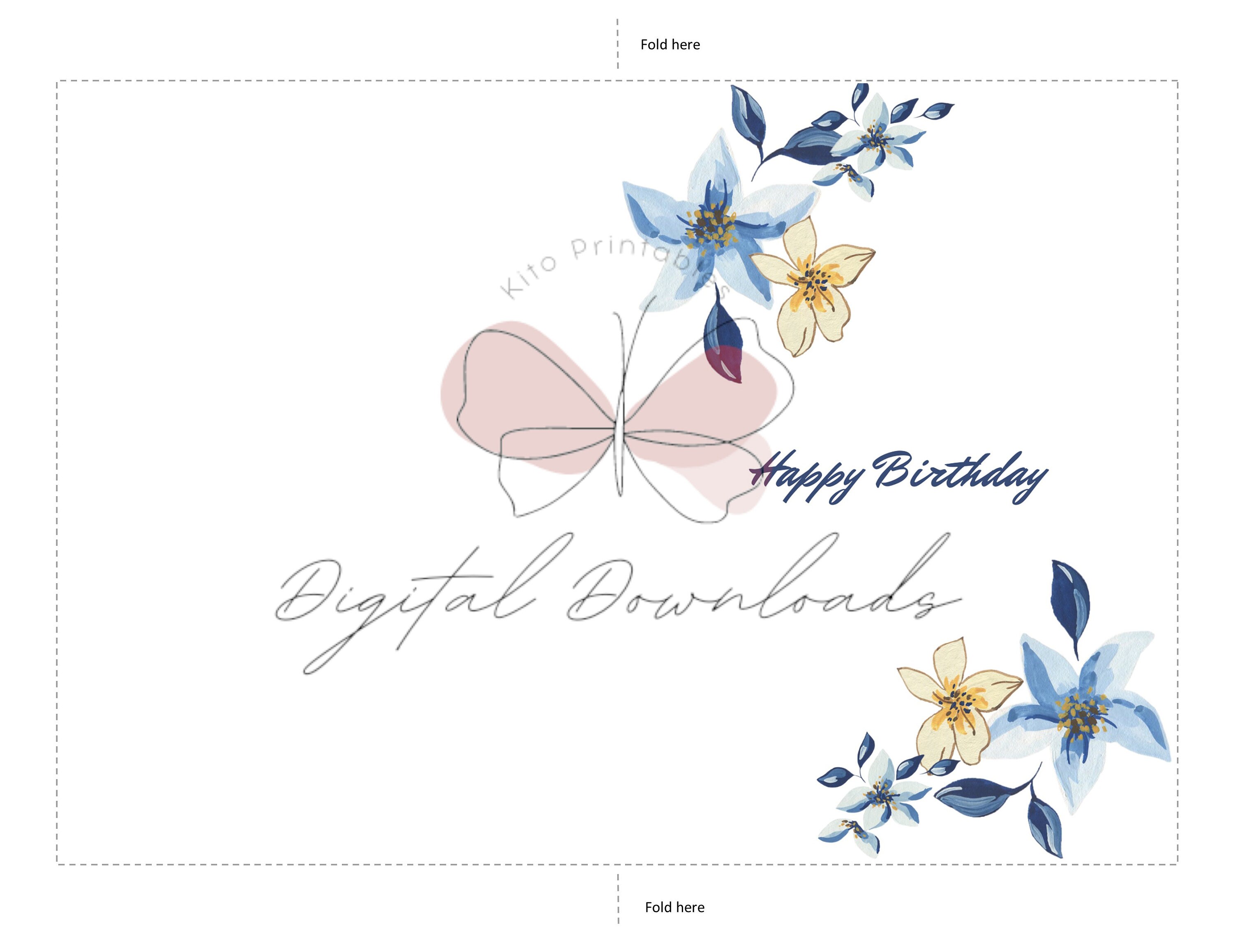 Printable Birthday Card, Blue Flowers Happy Birthday Card, Greeting ...