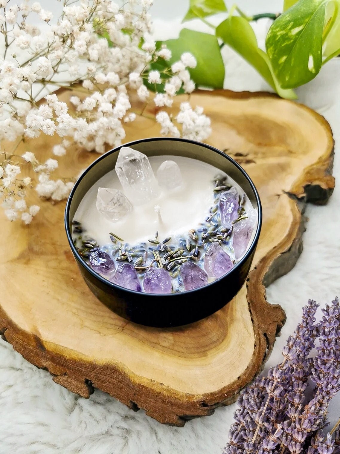 Scented Candle With Dried Flowers and Gemstones Etsy
