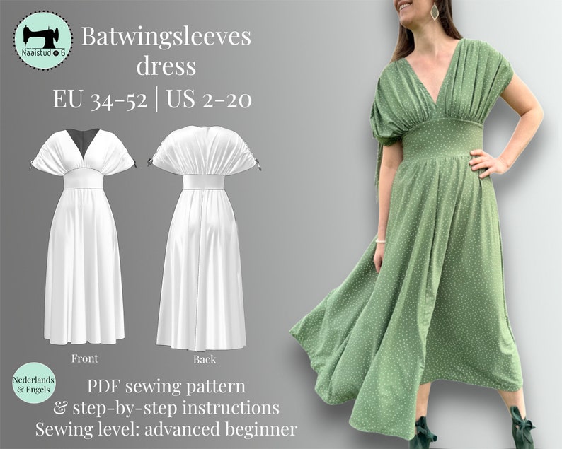 Batwing Sleeves Dress Sewing Pattern Size EU 34 to 52 US 2 to 20 Sewing ...