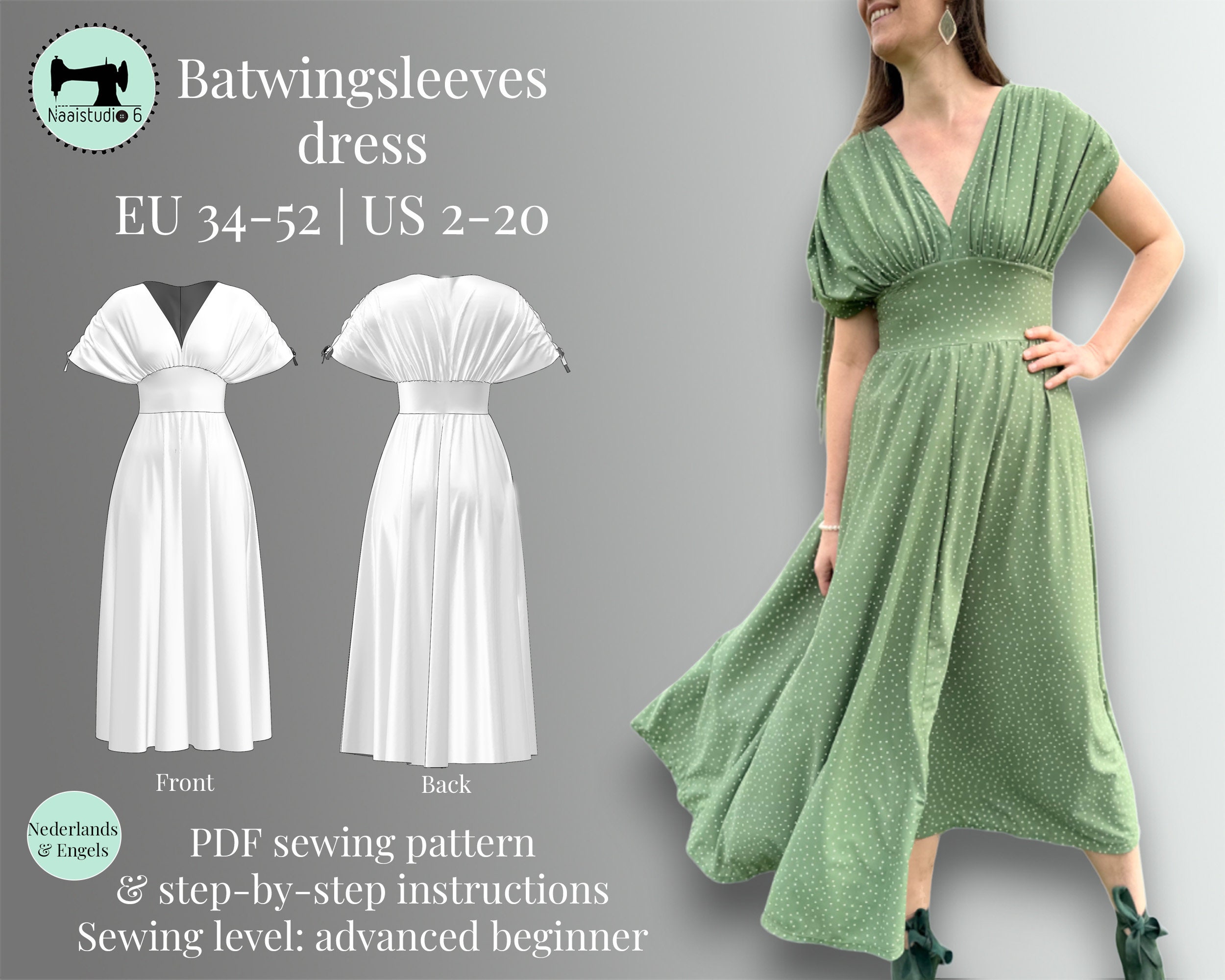 Batwing Sleeves Dress Sewing Pattern Size EU 34 to 52 | US 2 to 20 ...