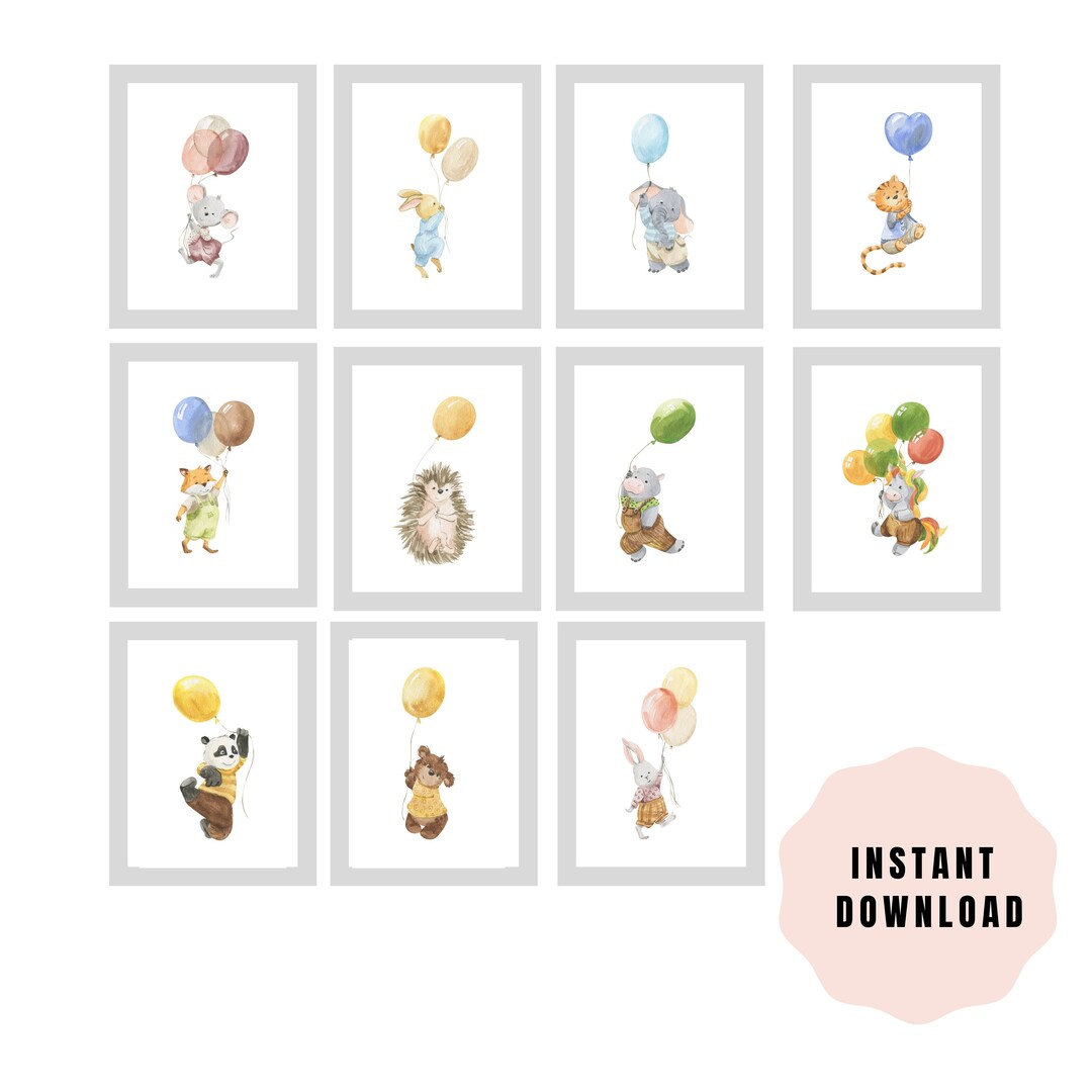Cute Animals and Balloons, Nursery Wall Decor, Cute Animal Digital Art ...
