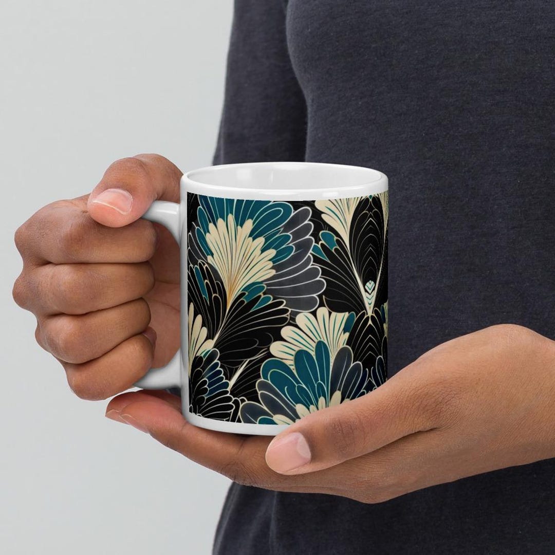 Elegant Art Deco Coffee Mug, Peacock Fan Pattern, Unique Kitchen Gift ...