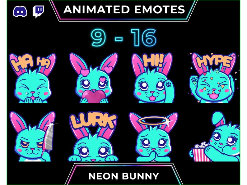 Animated Neon Bunny Emotes for Twitch and Discord - 24 Pack - Etsy