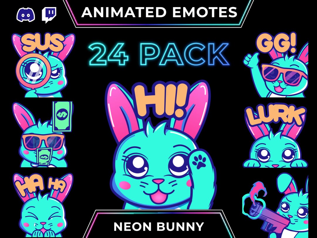 Animated Neon Bunny Emotes for Twitch and Discord - 24 Pack - Etsy