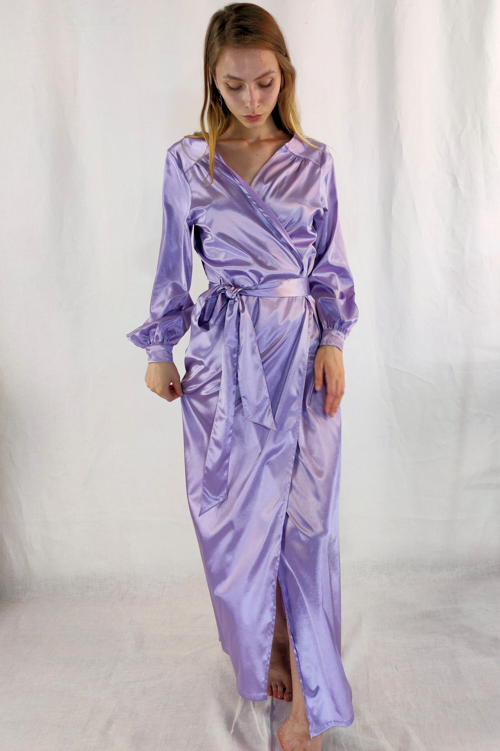 Wedding Peignoir / Long Lavender Robe / Satin Wrap Dress/ Japanese ...
