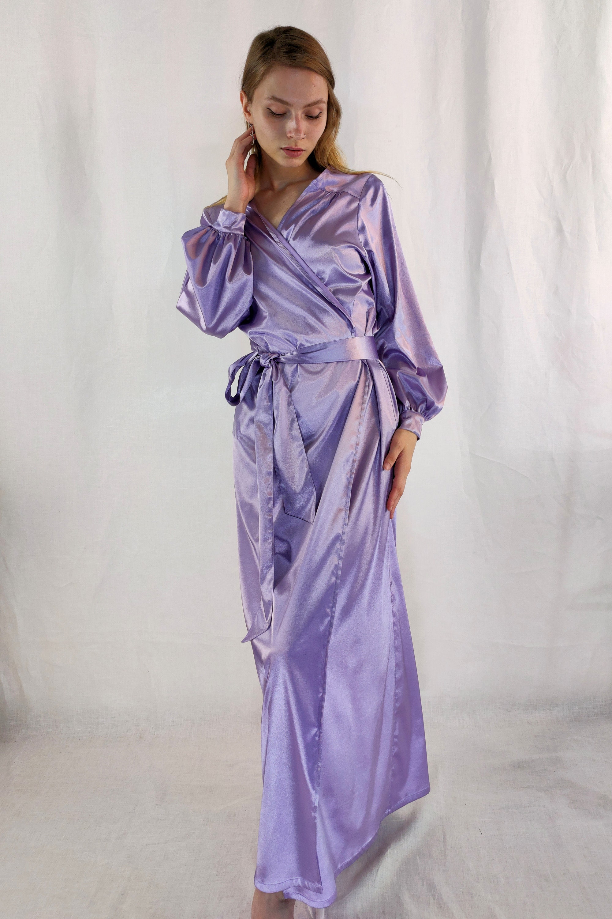 Wedding Peignoir / Long Lavender Robe / Satin Wrap Dress/ Japanese ...