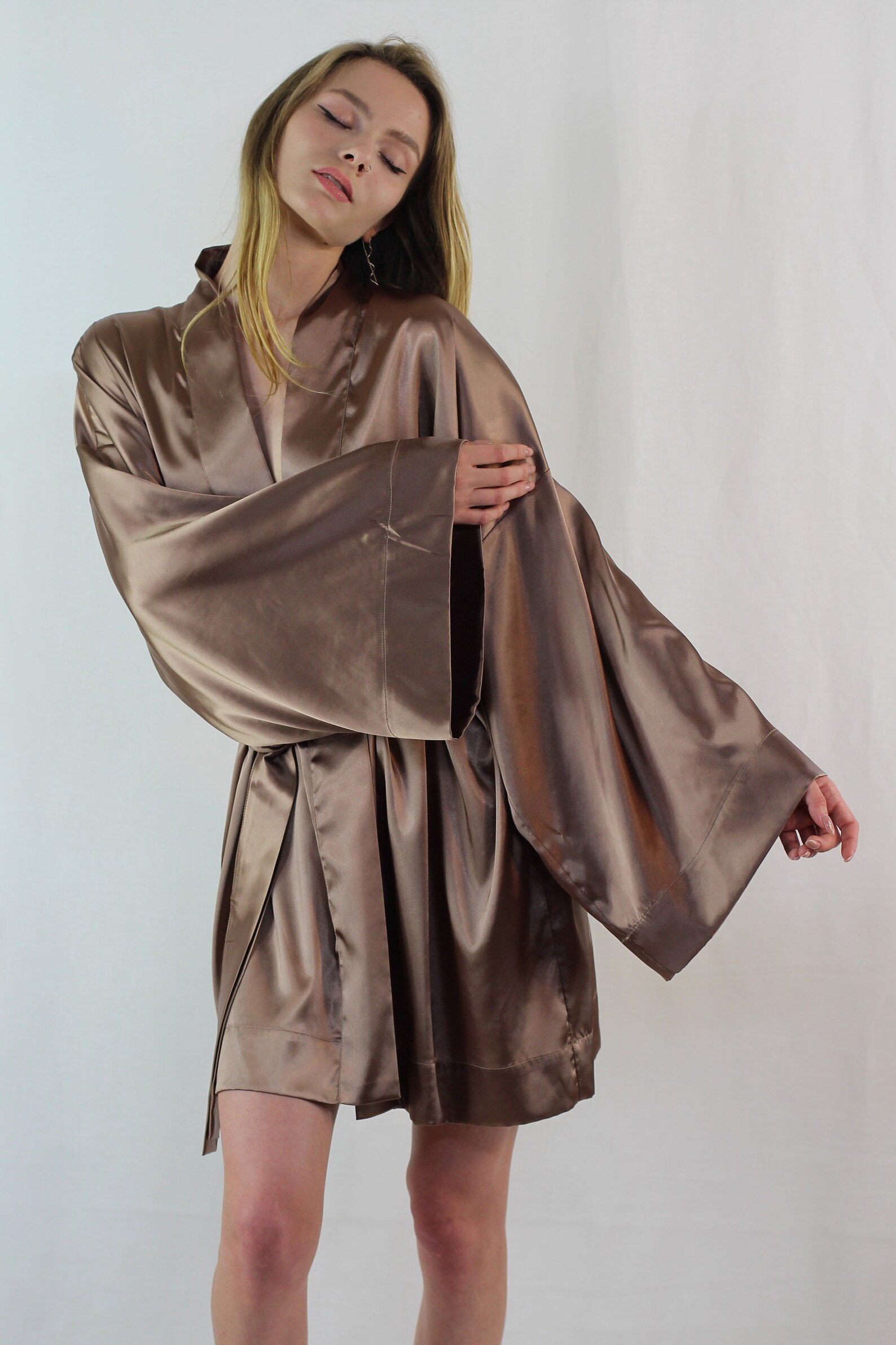 Silky Satin Kimono/ Short Maxi Robe/ Cappuccino Satin Bridesmaid Robe ...