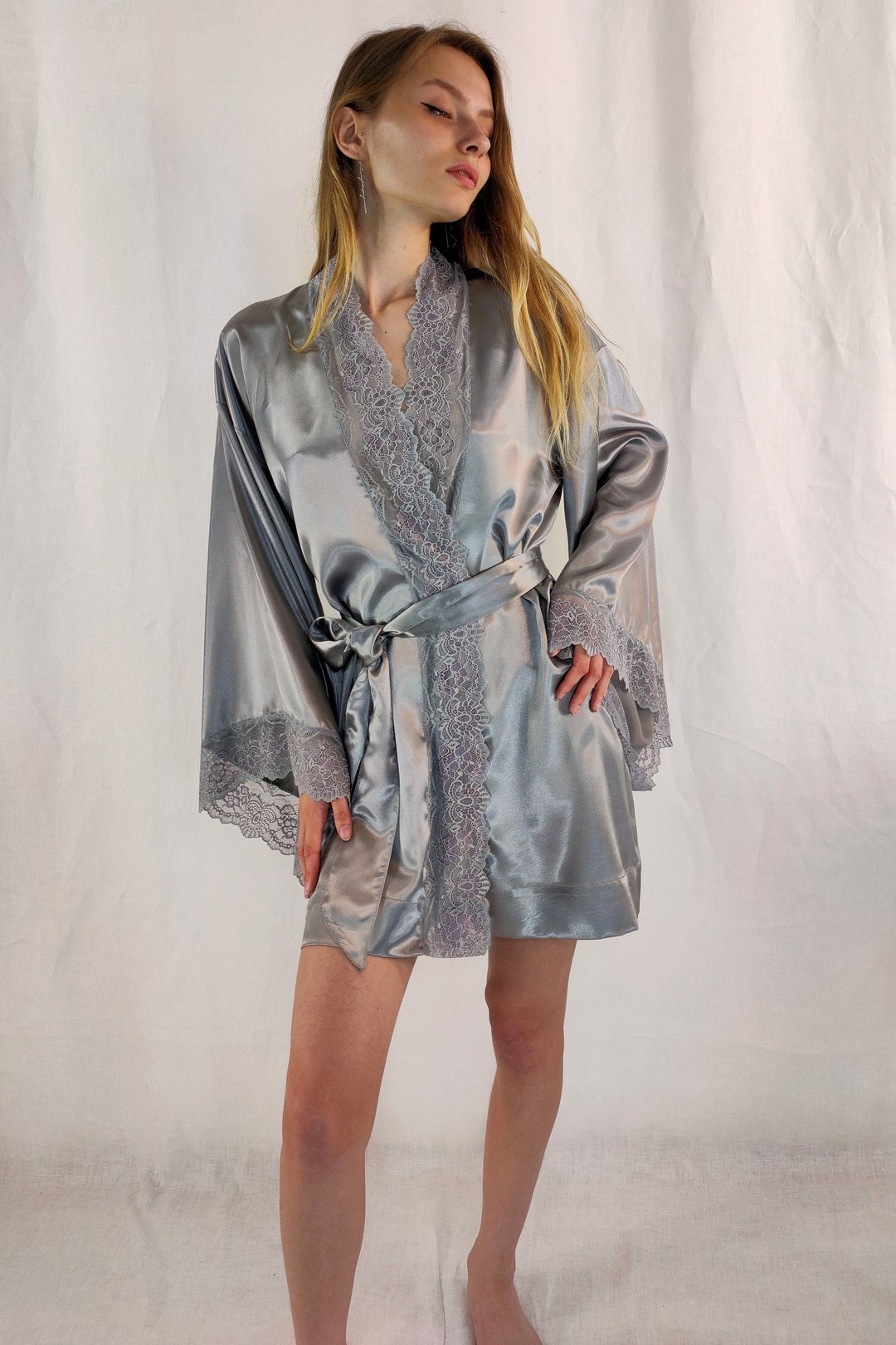 Dark Silver Short Kimono/ Japanese Silk Robe /satin Wrap Dress/ Kimono ...