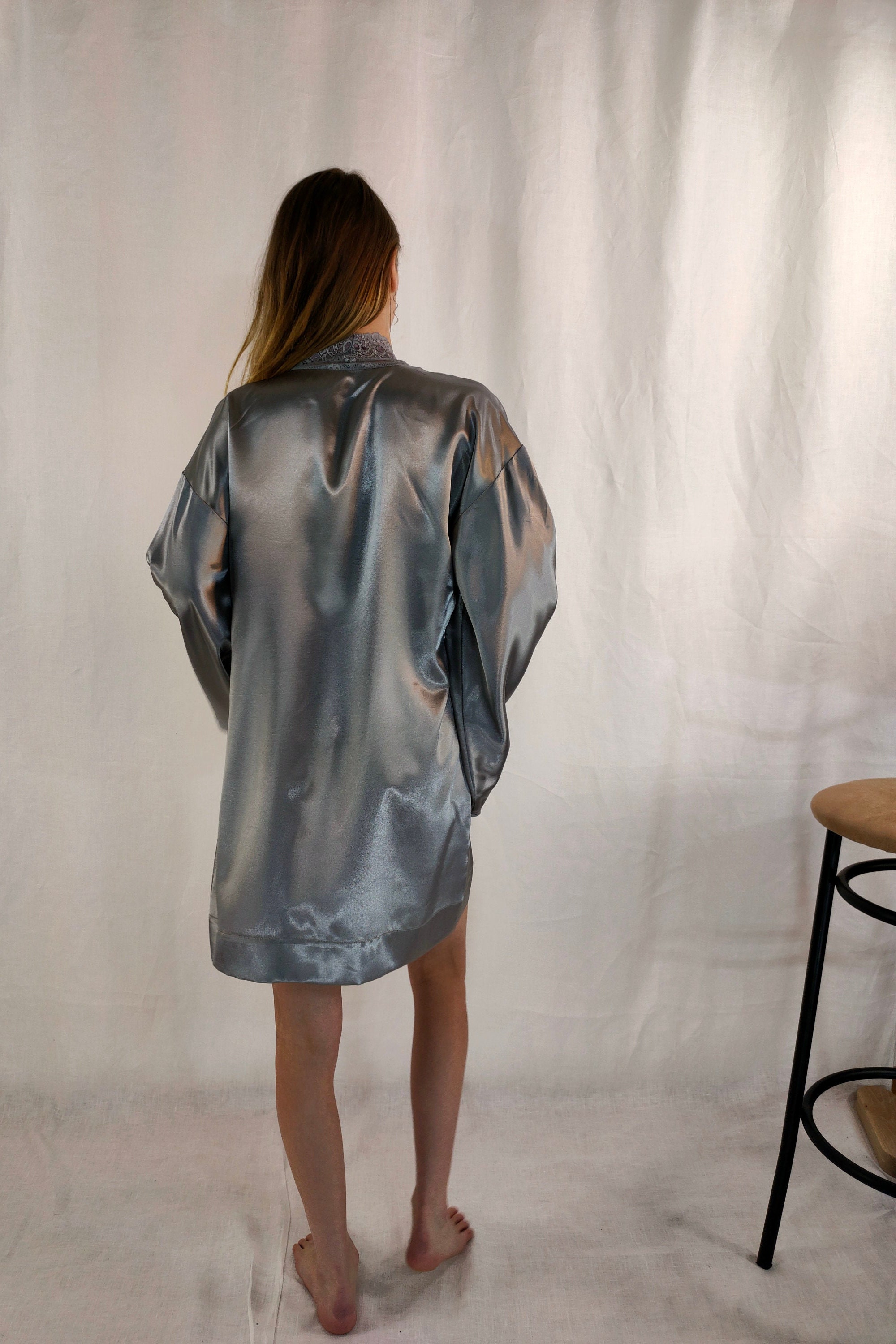 Satin Bridesmaid Set/ Japanese Dark Silver Set/plus Size Kimono and ...