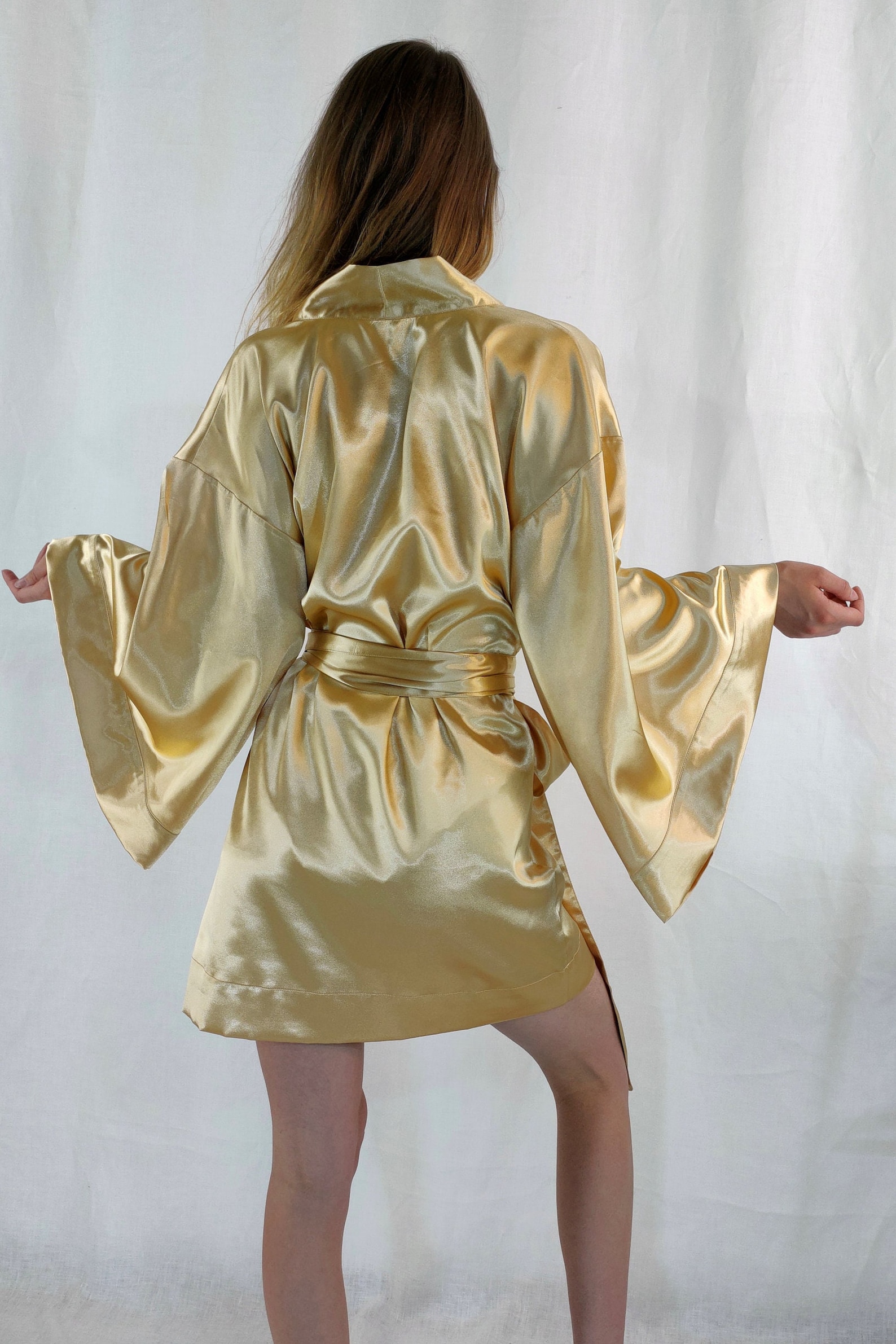 Silky Kimono Sleeves Long Robe/ Gold Short Kimono/ Japanese Kimono ...