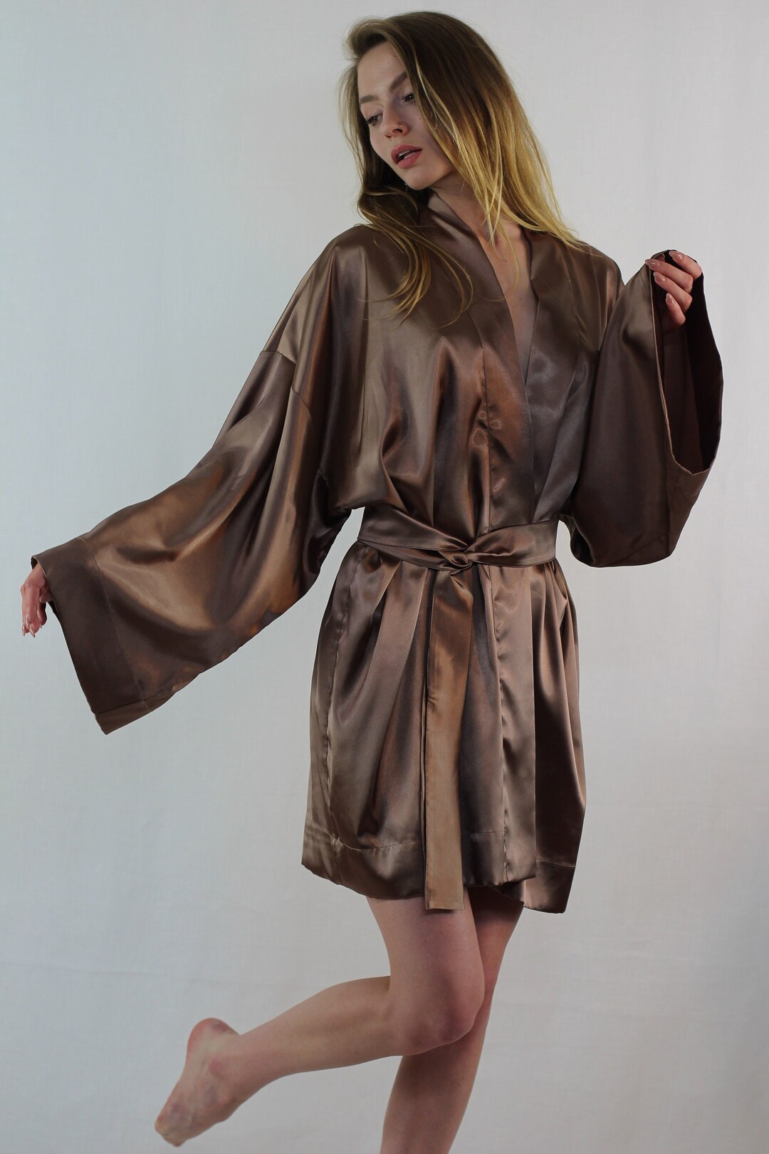 Silky Satin Kimono/ Short Maxi Robe/ Cappuccino Satin Bridesmaid Robe ...