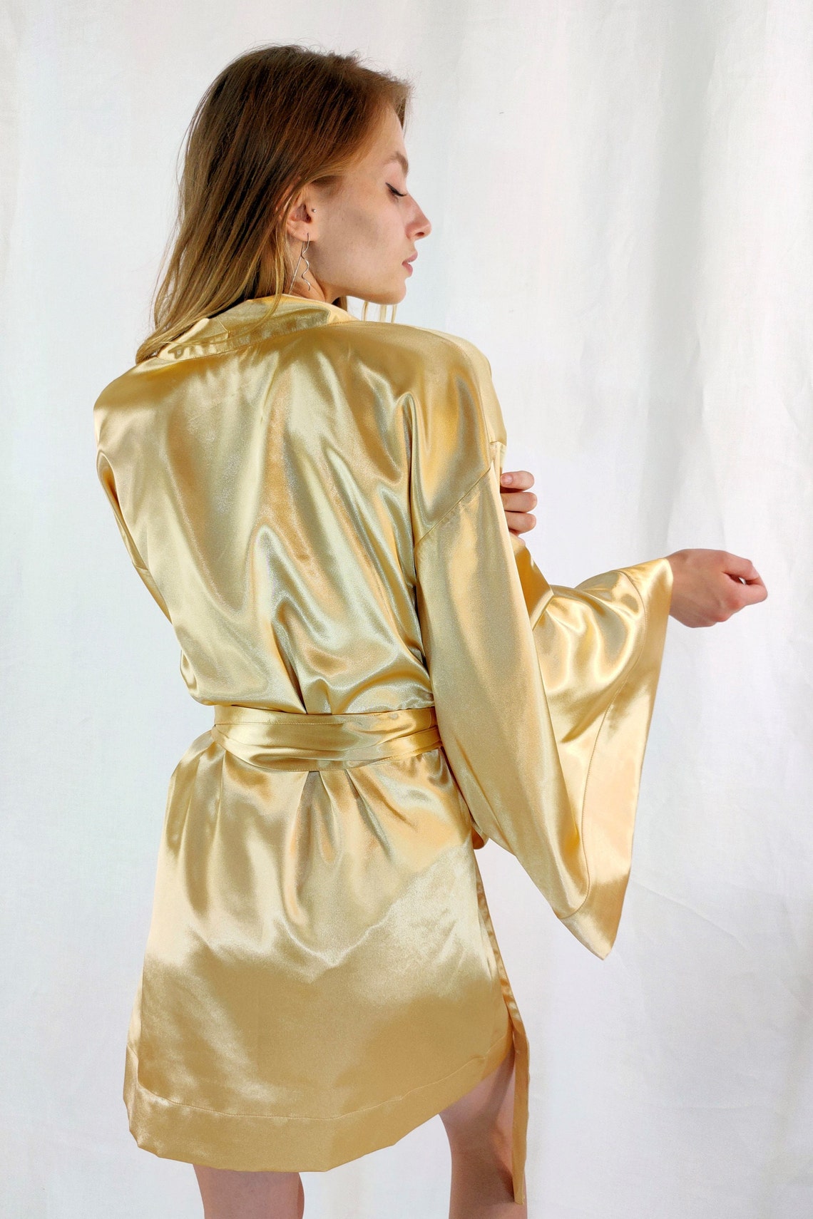 Silky Kimono Sleeves Long Robe/ Gold Short Kimono/ Japanese - Etsy