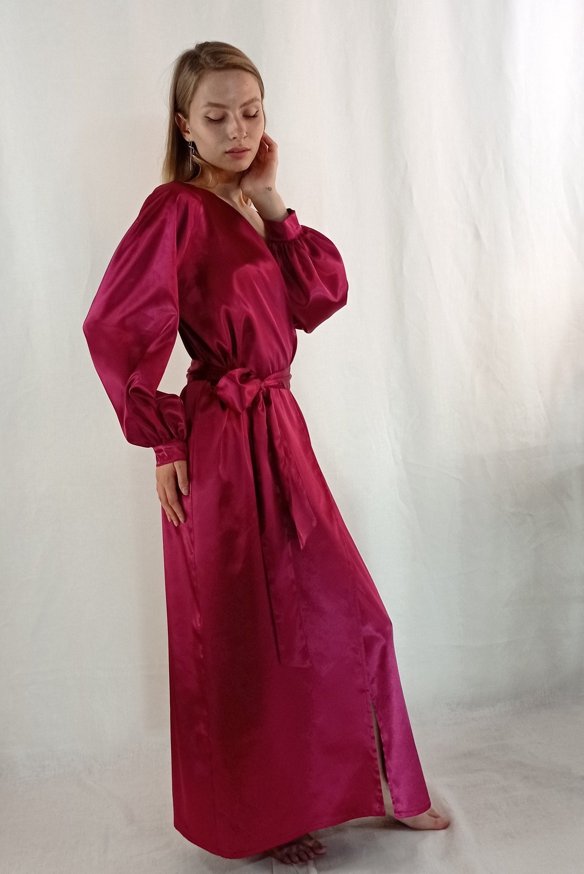 Burgundy Plus Size Long Peignoir / Japanese Silk Robe /japanese Kimono ...