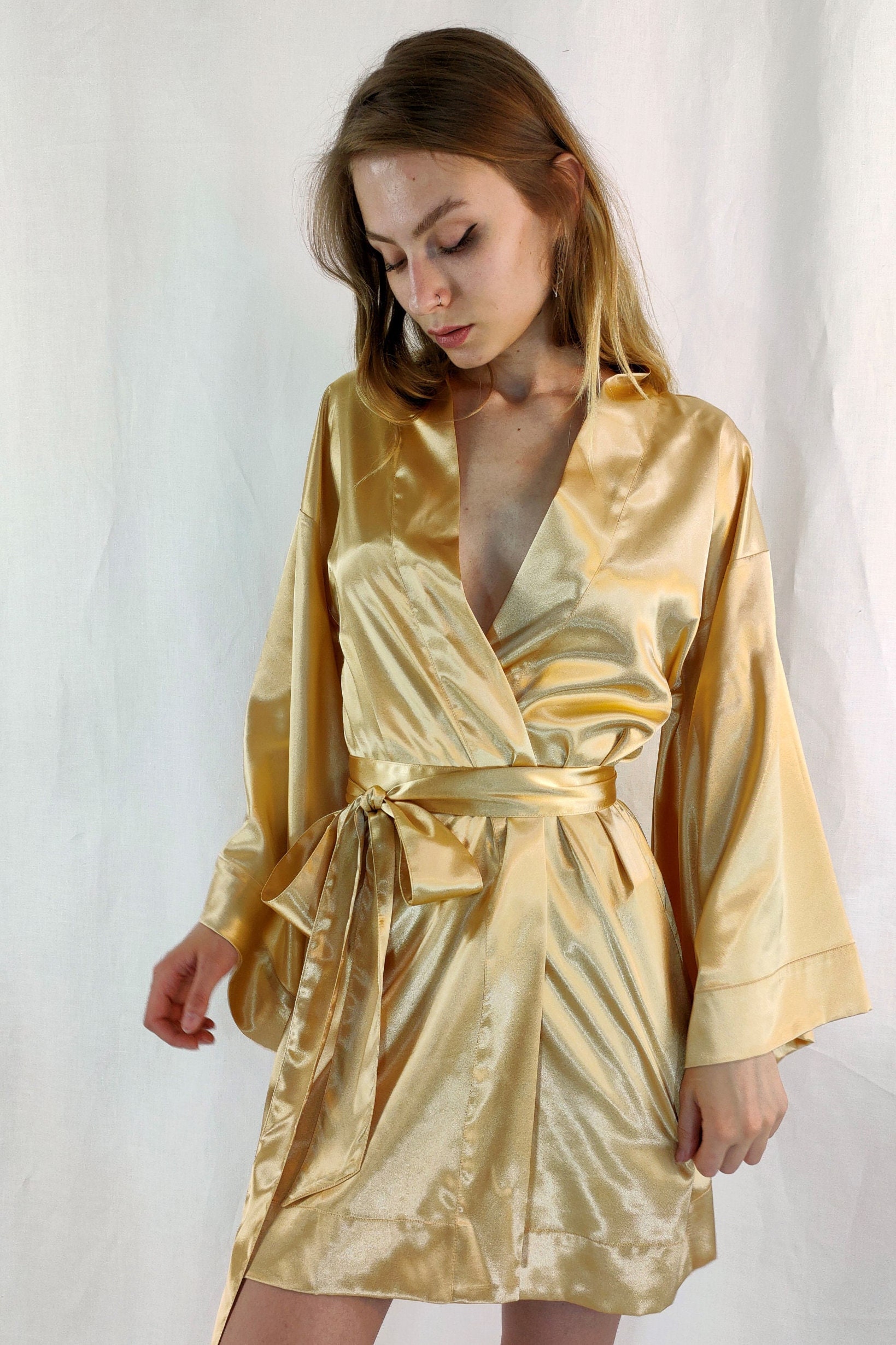 Silky Kimono Sleeves Long Robe/ Gold Short Kimono/ Japanese Kimono ...