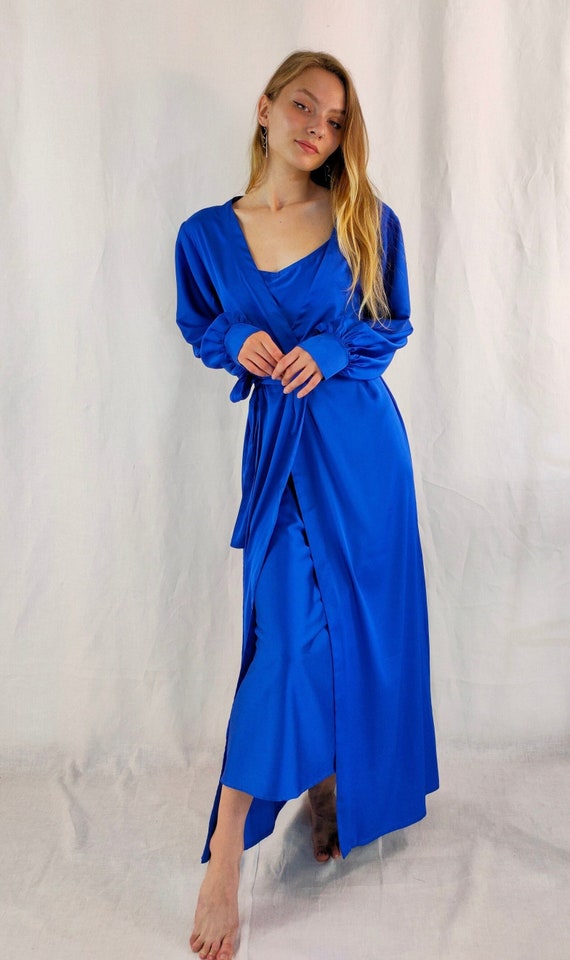 Peignoir Robe Bridal Boudoir/ Indigo Satin Wrap Dress/ Kimono - Etsy