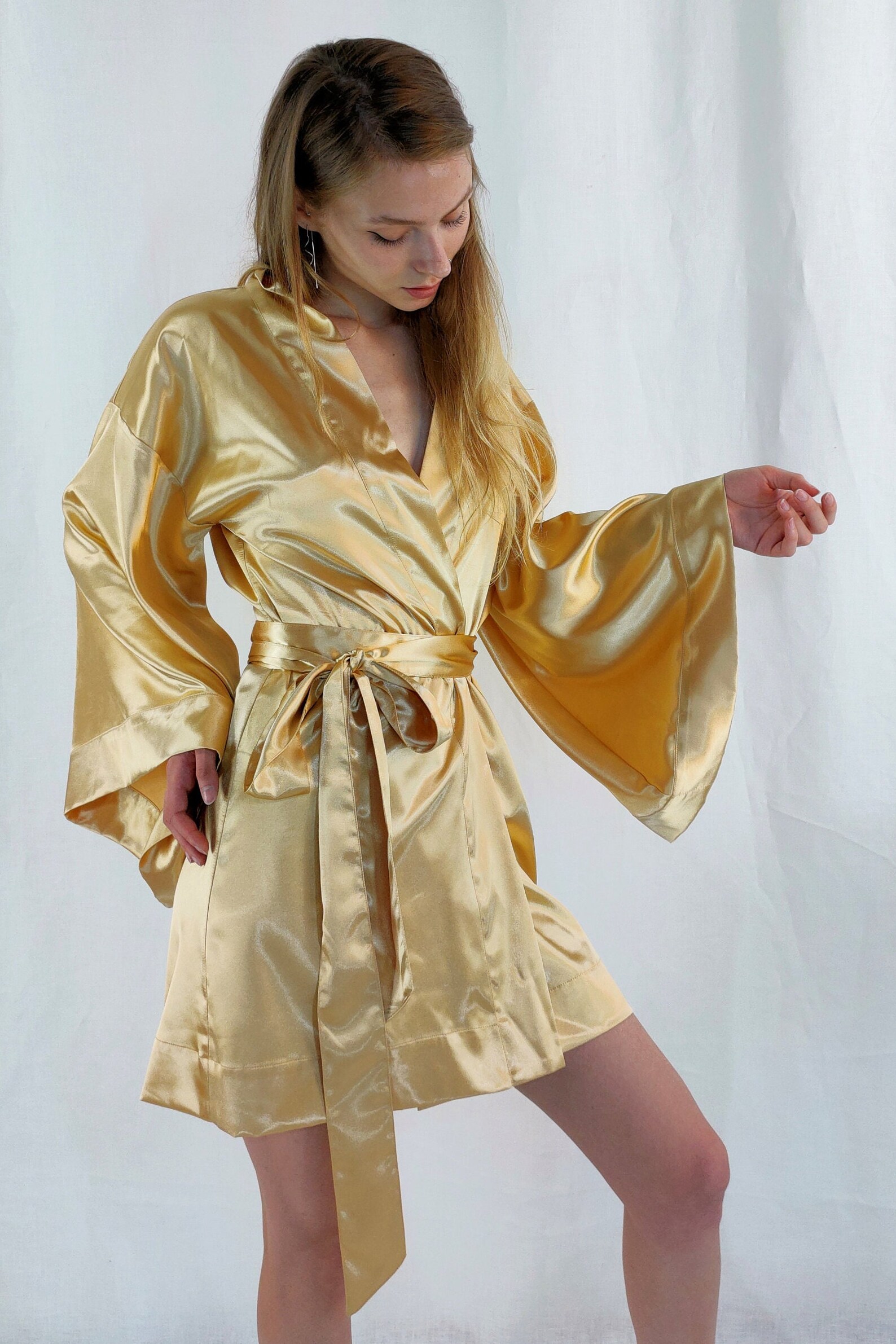 Silky Kimono Sleeves Long Robe/ Gold Short Kimono/ Japanese Kimono ...