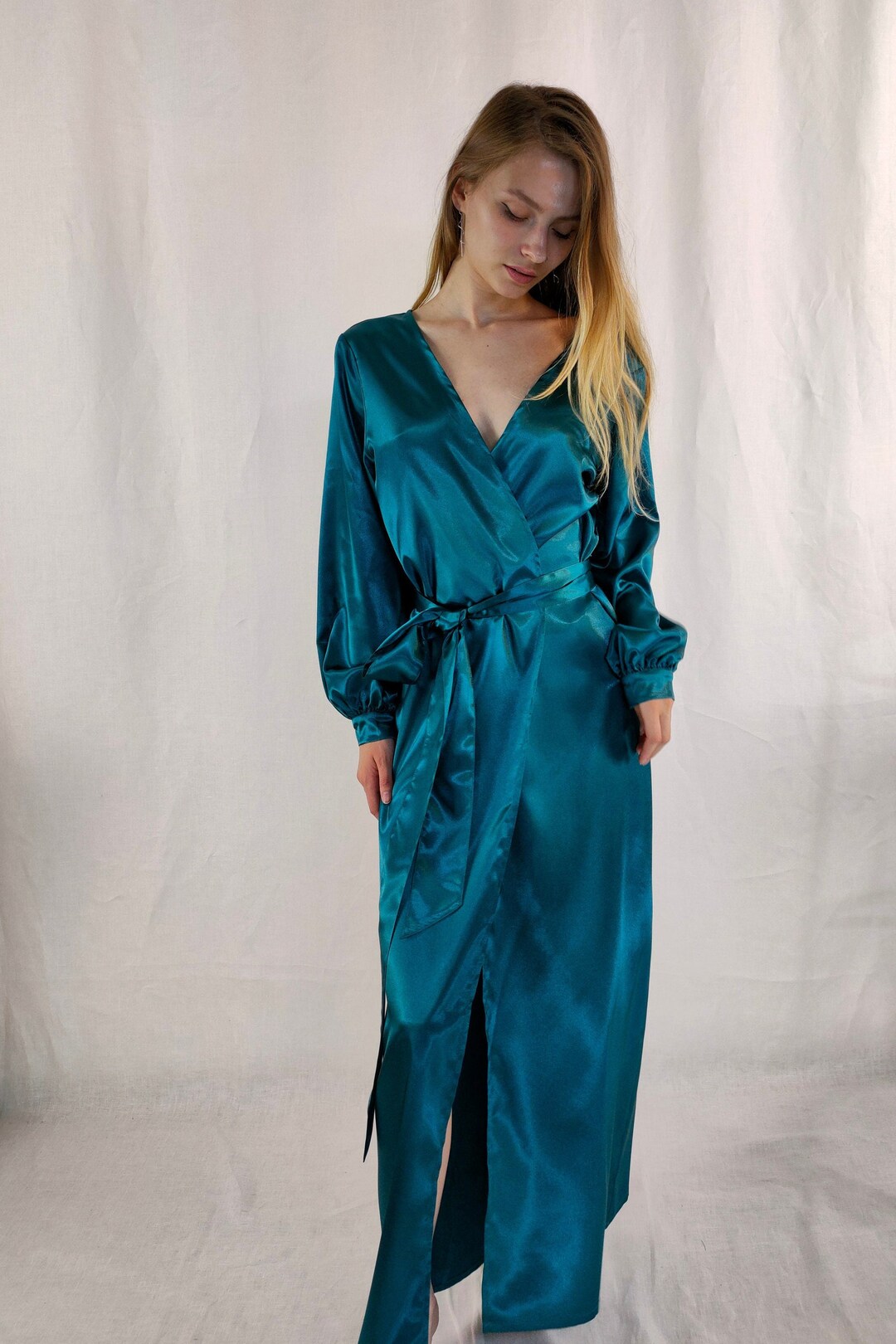 Deep Emerald Peignoir / Wedding Robe /japanese Kimono/ Satin Wrap Dress ...