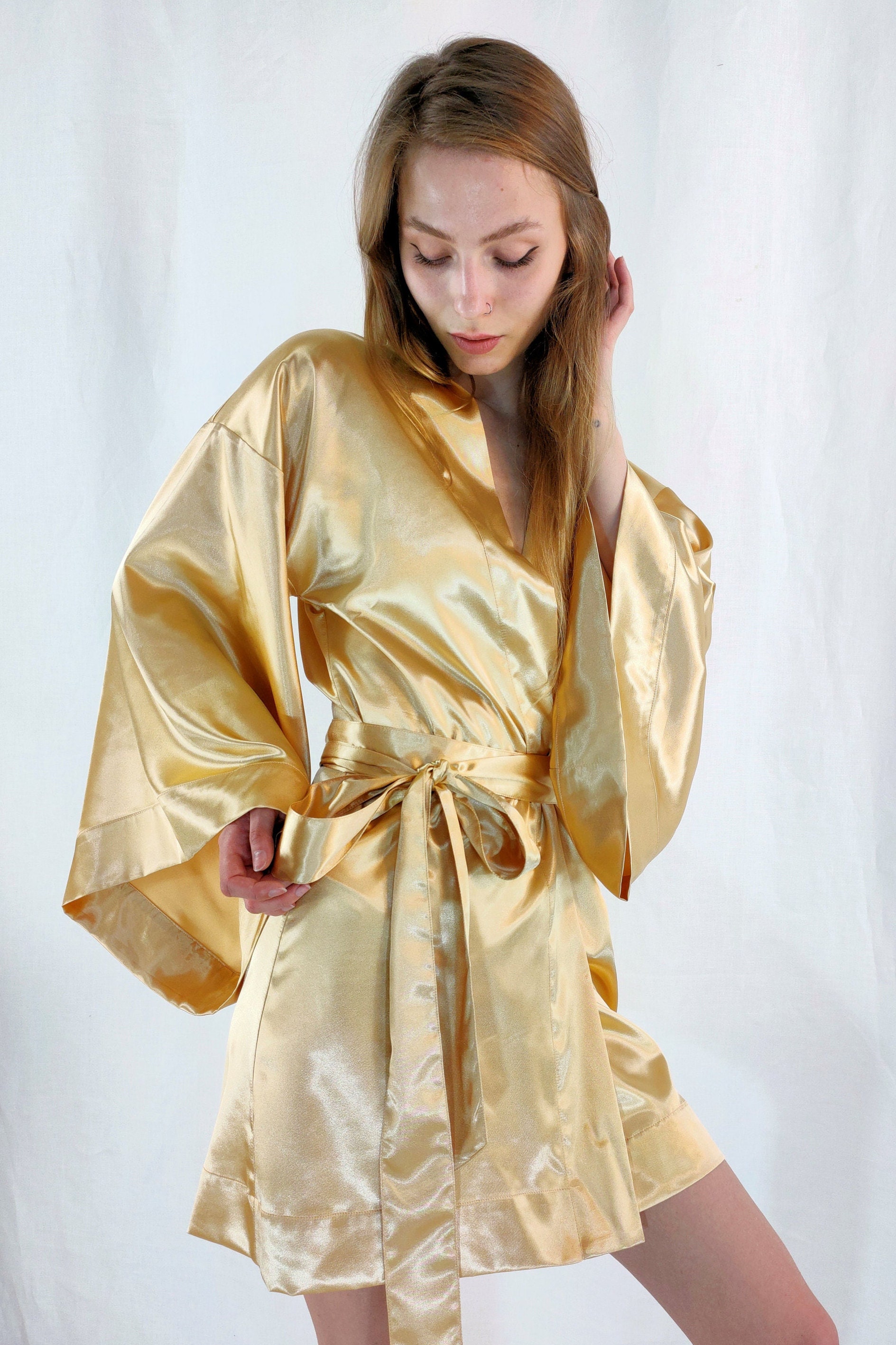 Silky Kimono Sleeves Long Robe/ Gold Short Kimono/ Japanese Kimono ...