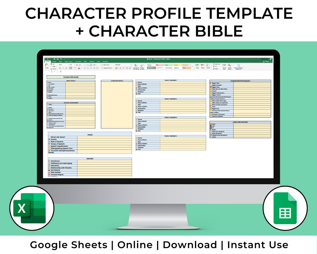 Character Profile Template for Authors - Book Character Bible - Excel ...