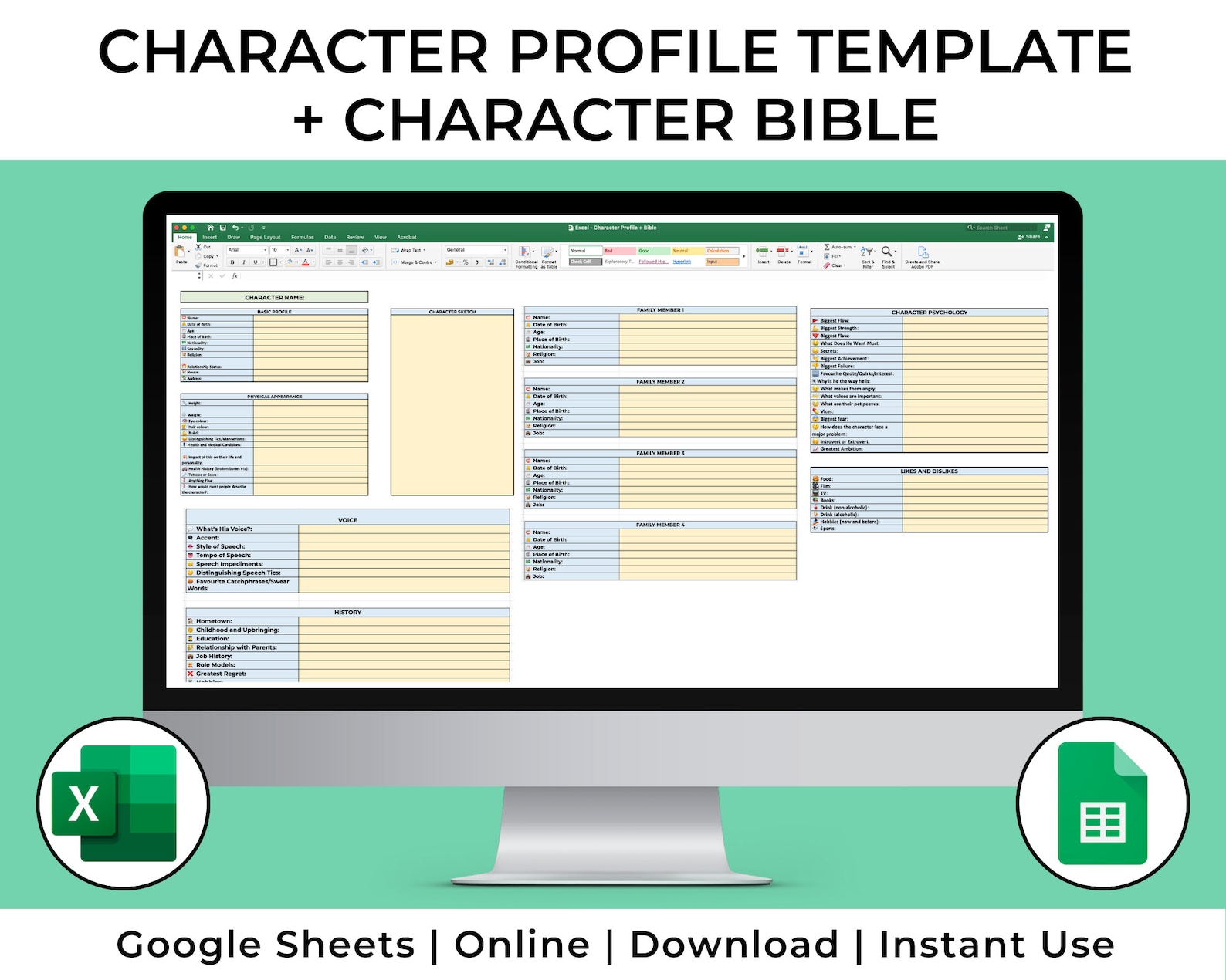 Character Profile Template – Author Book Planner (excel/google Sheet ...