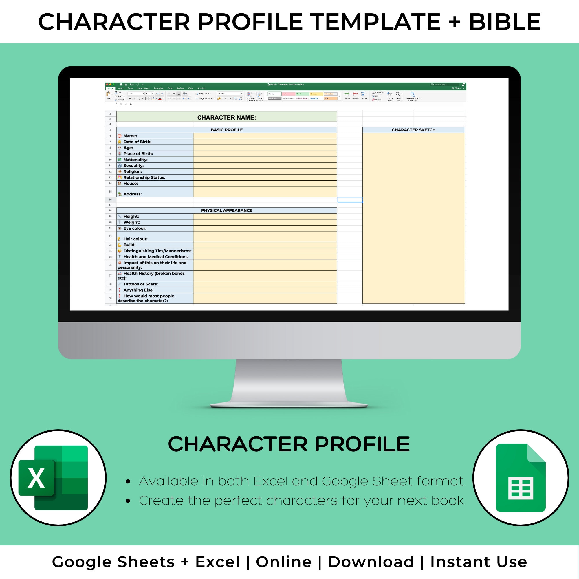 Character Profile Template for Authors - Book Character Bible - Excel ...