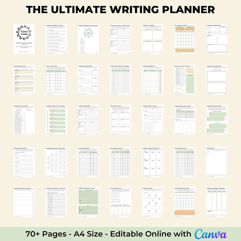 Editable Writing Planner in Canva - Writers Planner - Novel Planner ...