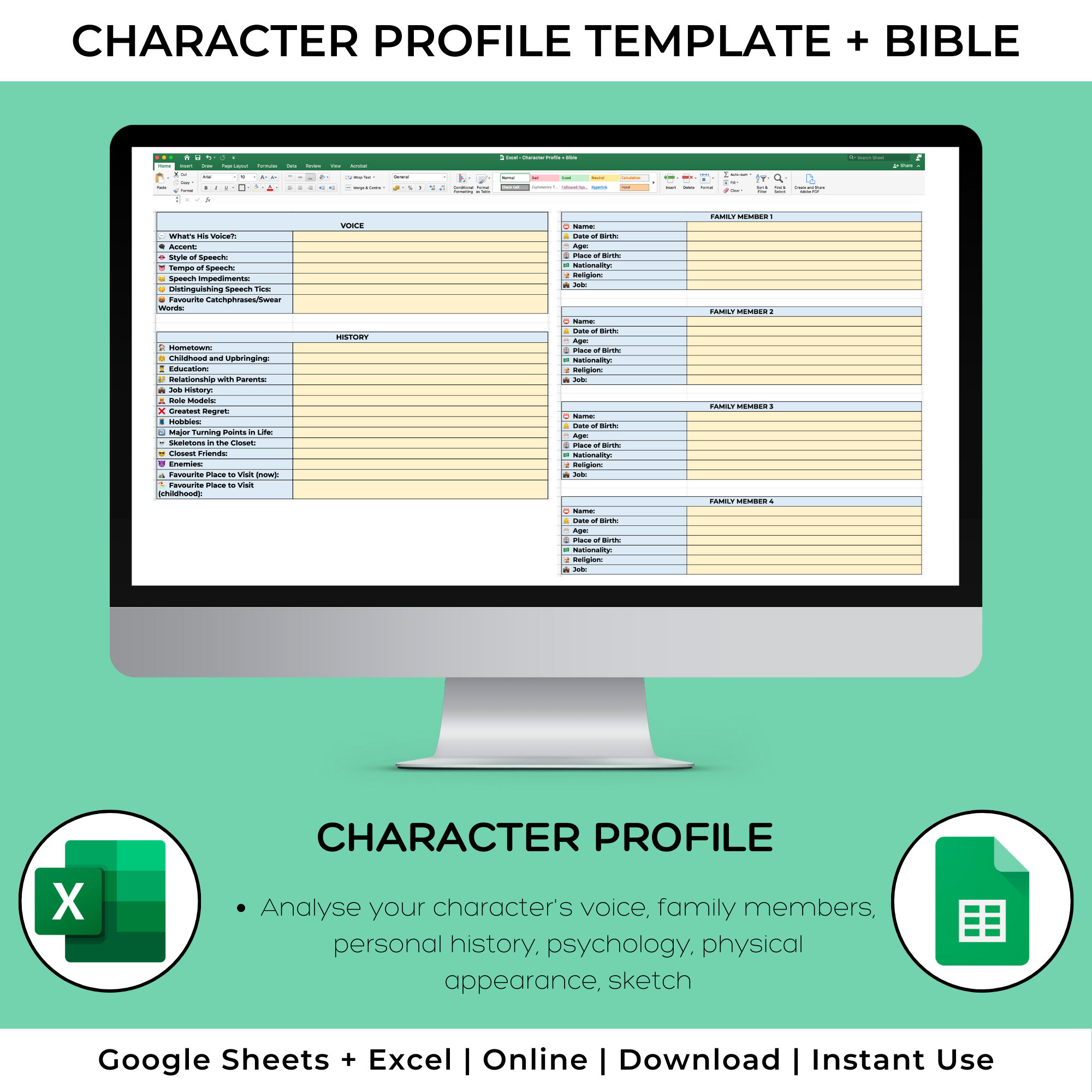 Character Profile Template for Authors - Book Character Bible - Excel ...