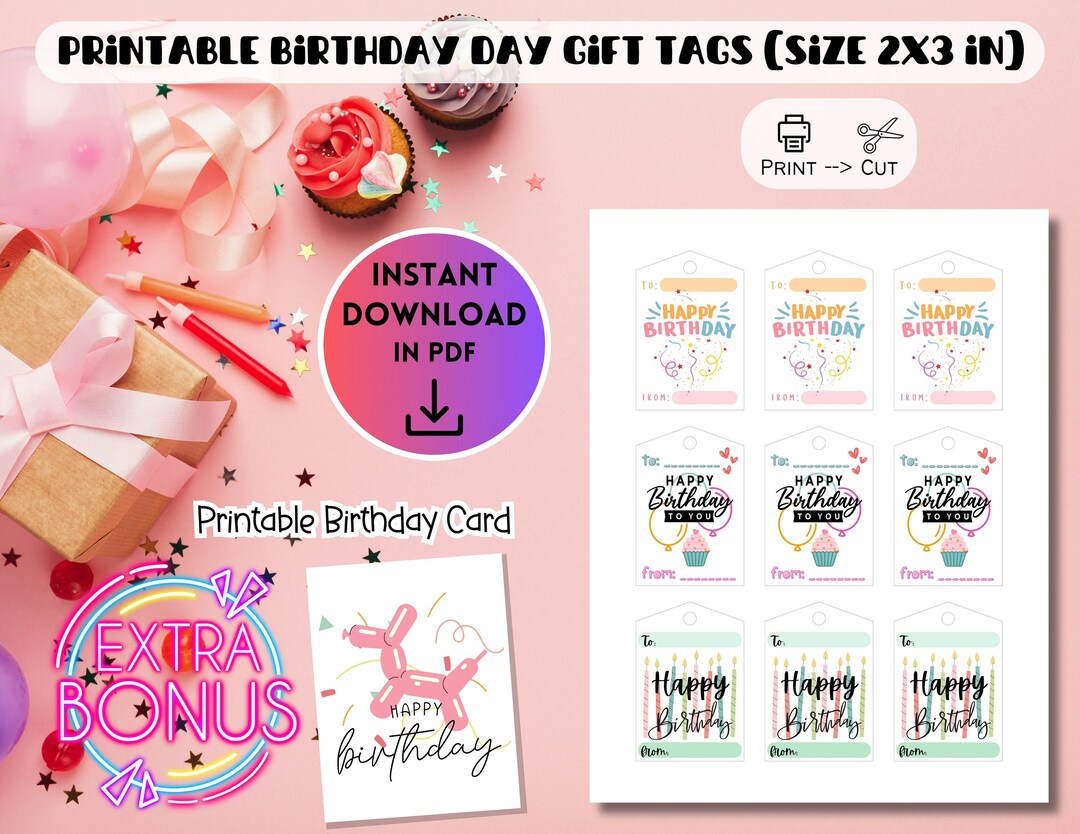 Printable Happy Birthday Gift Tags, Girly Birthday Tag, Girl's Birthday ...