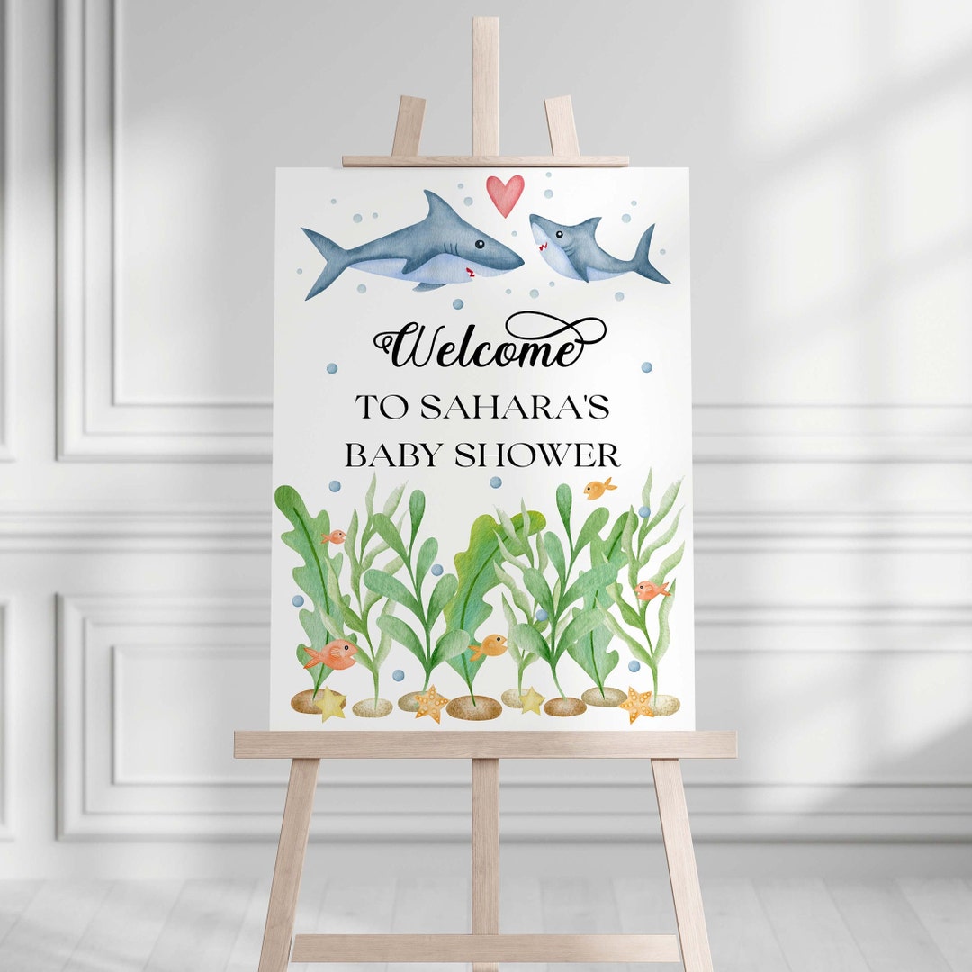 Shark Baby Shower Welcome Sign, Under the Sea Watercolor, Editable ...