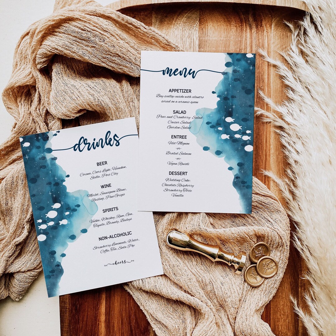 Wedding Menu Template - Under the Sea Theme, Watercolor Teal, Ocean ...