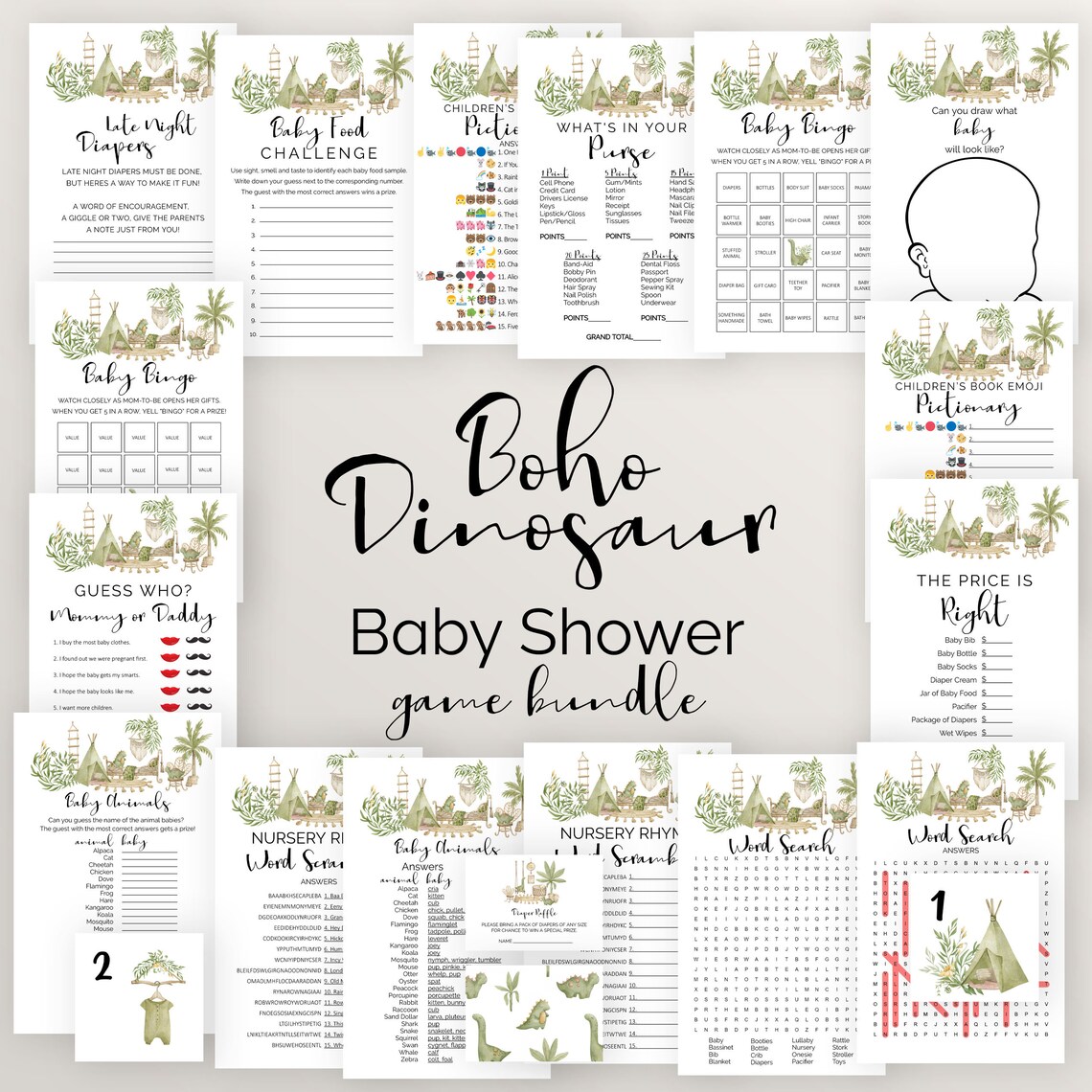Boho Dinosaur Baby Shower Games Bundle, Dino Baby Shower Activities ...