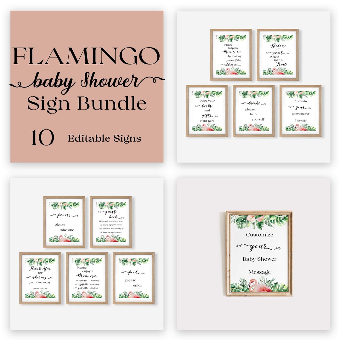 Flamingo Baby Shower Sign Bundle: Tropical Custom Templates and Instant ...